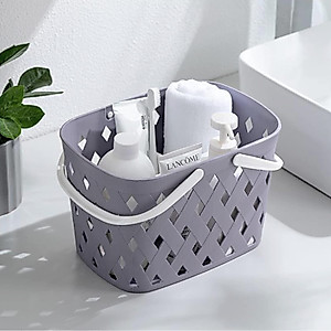 JiatuA Plastic Organizer Storage Basket with Handles, Woven Storage Bins for Bathroom, Kitchen, Closet, Bedroom (Light Gray)