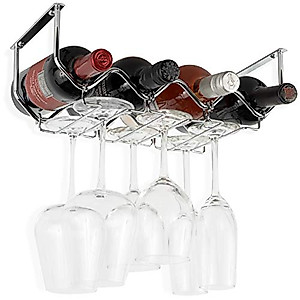 Wallniture Piccola Under Cabinet Wine Rack & Glasses Holder Kitchen Organization with 4 Bottle Organizer Metal Chrome