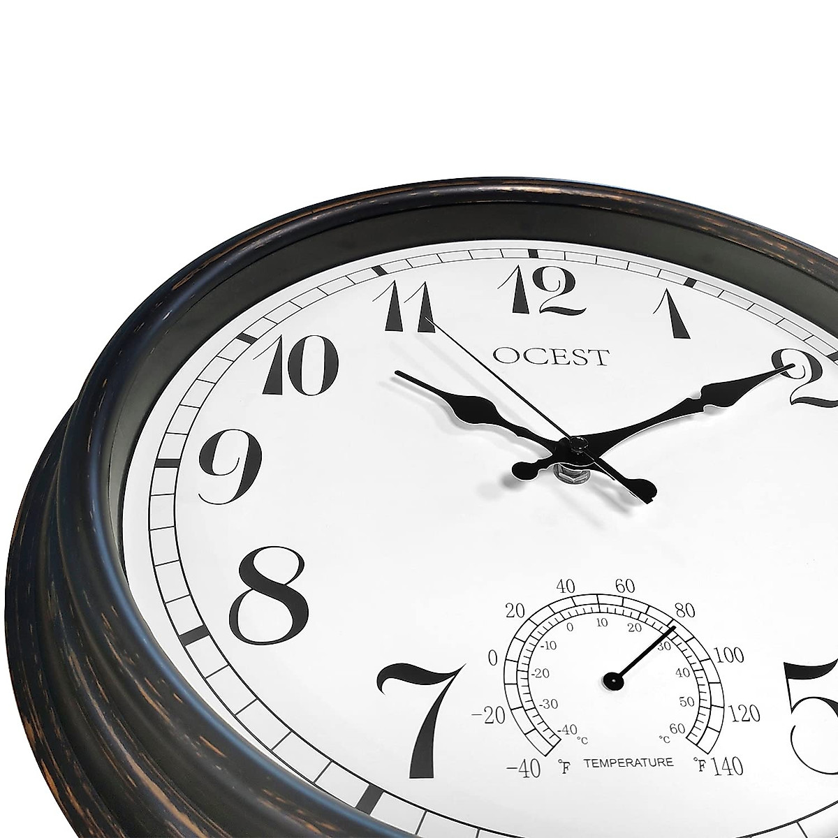 OCEST 16 Inch Large Analog Outdoor Wall Clock, Waterproof, Weather-Resistant, Non-Ticking, Battery-Operated, with Temperature Display, for Patio, Pool, Lanai, Fence, Porch, Garden, Bathroom
