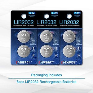CT-ENERGY LIR2032 Rechargeable Batteries 6 Pack for Airtag 3.6V Rechargeable 2032 Button Battery for Car Remote Key Replace 3V CR2032 ML2032