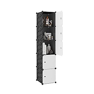Aeitc Cube Storage Organizer 5-Cube (11.8"x11.8") Narrow Cabinet Closet Storage Shelves Plastic Storage Shelving for Bedroom, Living Room, Office, Black with Doors