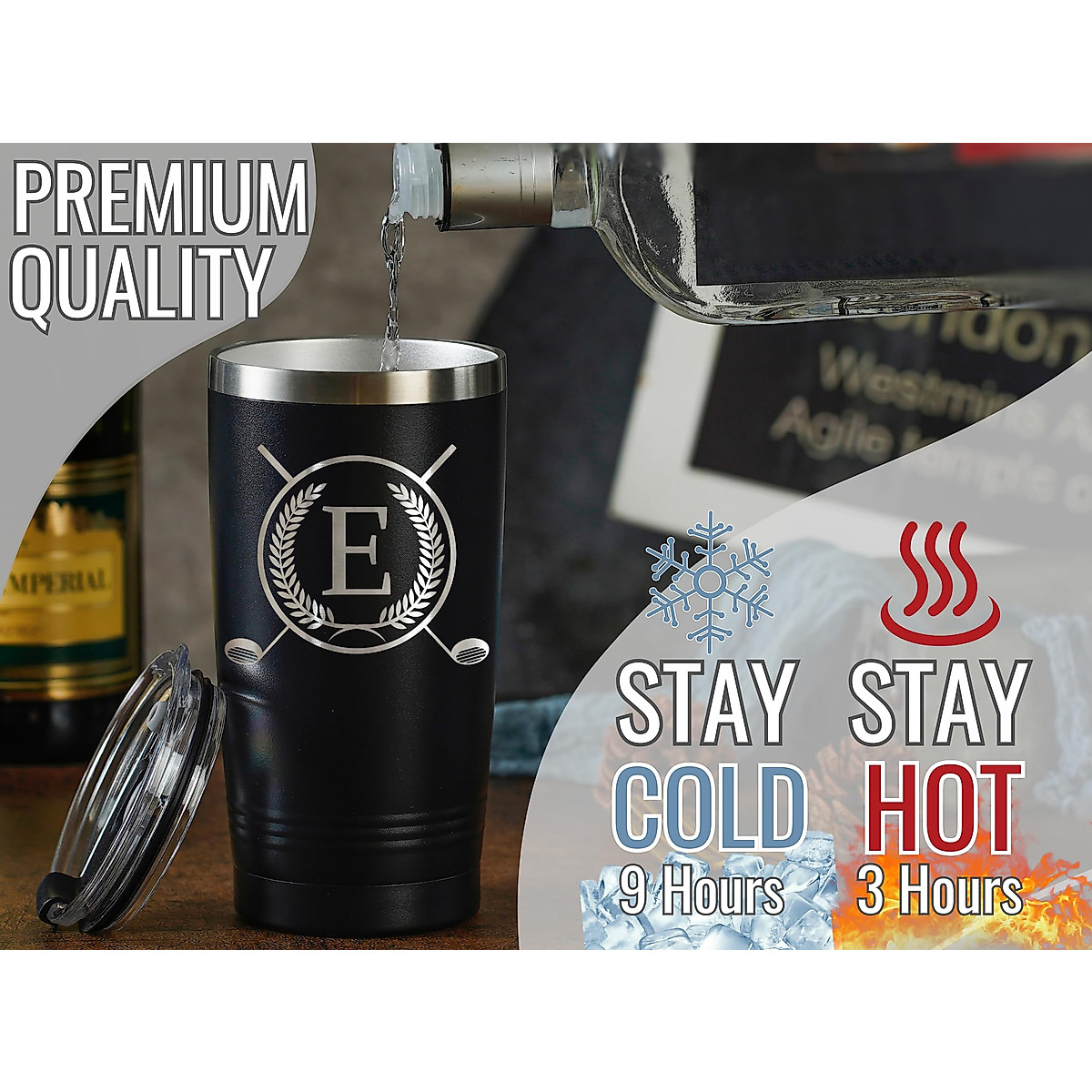 Onebttl Golf Gifts for Men With Initial - 20oz Travel Mug With Golf Design, Perfect for Golfers & Lovers, Birthday, Christmas - E