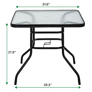Dkelincs Outdoor Dining Table with Umbrella Hole 31.6" Square Patio Table Outdoor Furniture Garden Table Tempered Glass Patio Bistro Table for Balcony Backyard Lawn and Garden, Black