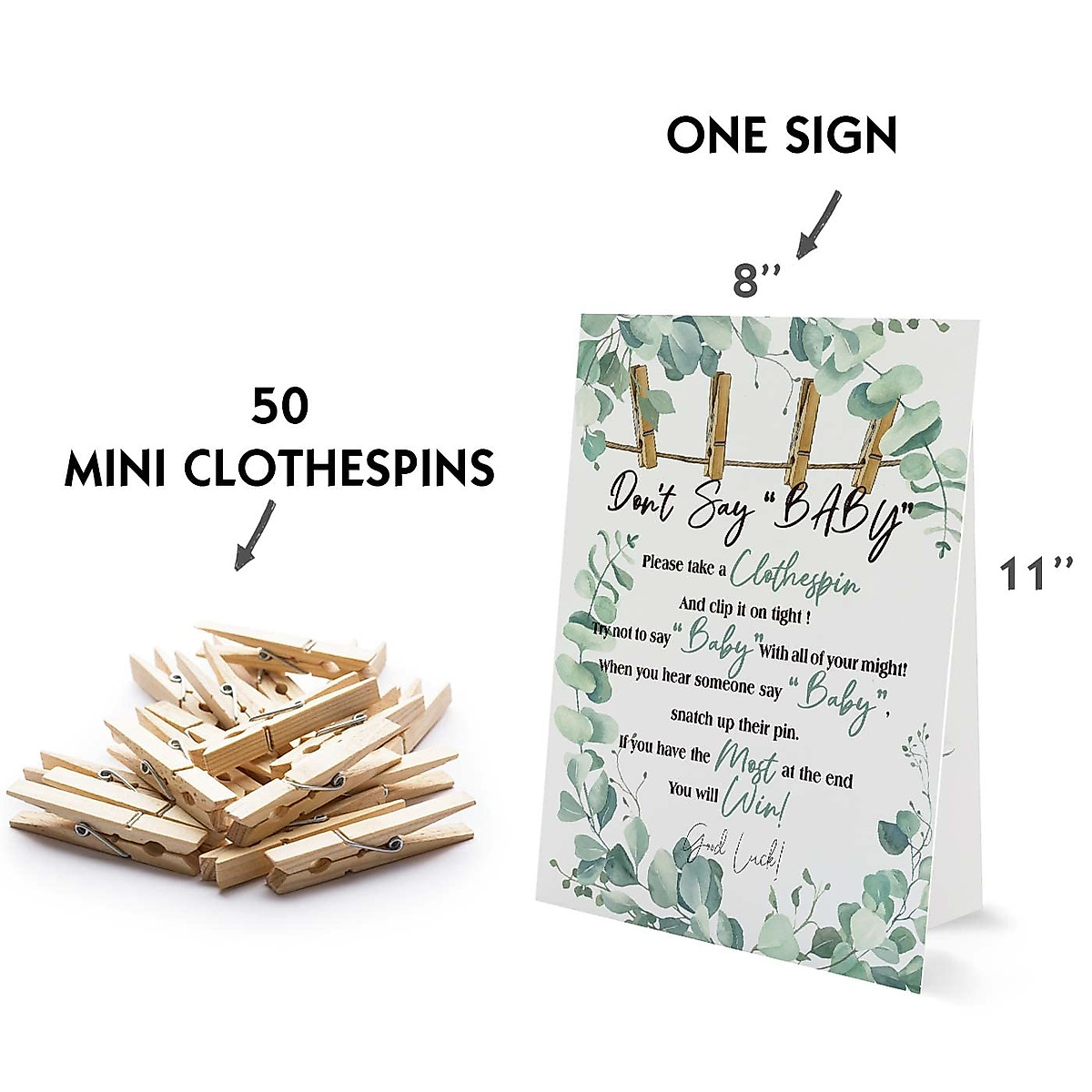 Don't Say Baby Sign, Baby Shower Clothespin Game, Includes a 8x11 Standing Sign and 50 Mini Natural Clothespins - BIG002