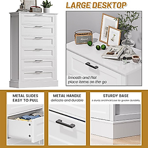 White 6 Drawer Dresser, 55 Inch Tall White Dresser for Bedroom, Modern Farmhouse Style Chest of Drawers for Bedroom Living Room, Wood Rustic Tall Dresser, Organizer for Closet, Living Room, Hallway