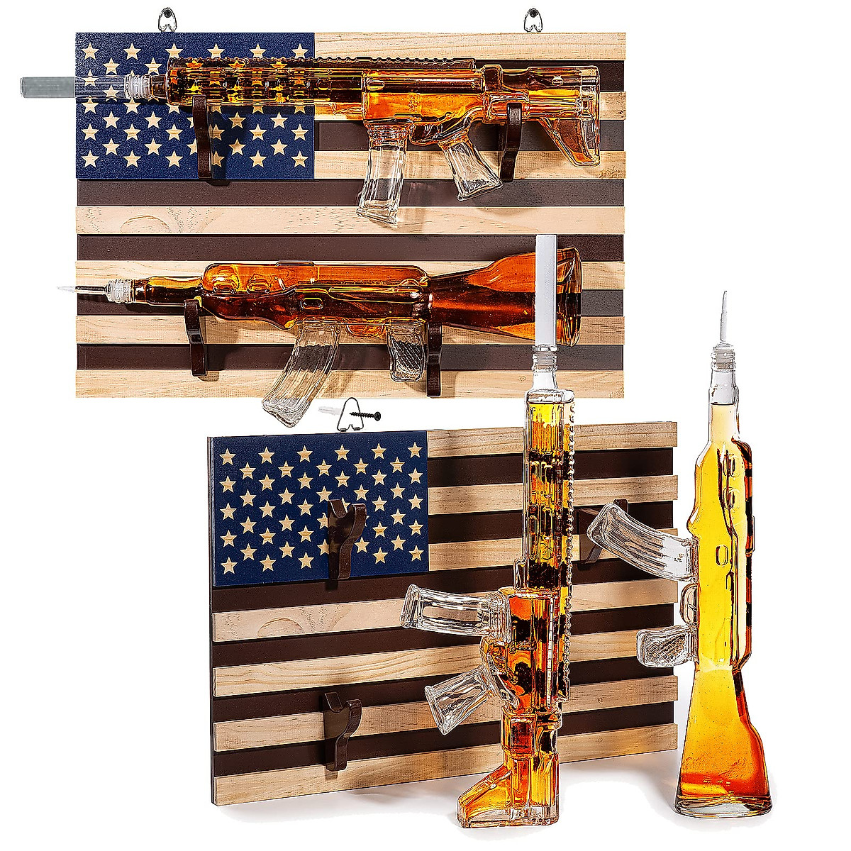 2 Gun Whiskey Decanters Set AR15 and AK47 Gun Decanter 1000ml American Flag Wall Rack by The Wine Savant - Veteran Gifts, Gun Lover Gifts, Tik Tok Gun Decanter, Military Gifts
