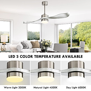 WINGBO 52" DC Ceiling Fan with Lights and Remote, Brushed Nickel and Silver Ceiling Fan, 2 Curved ABS Plastic Blades, 6-Speed DC Motor, Modern Ceiling Fan for Kitchen Bedroom Living Room, ETL Listed