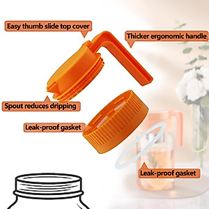 Wide Mouth Mason Jar Pour Spout Lids with Handle Plastic 2 Pack Drinking Lids Bulk Reusable, Mason Jar Pitcher, pancake maple syrup dispenser, salad dressing dispenser- Black&Orange (Jar Not Included