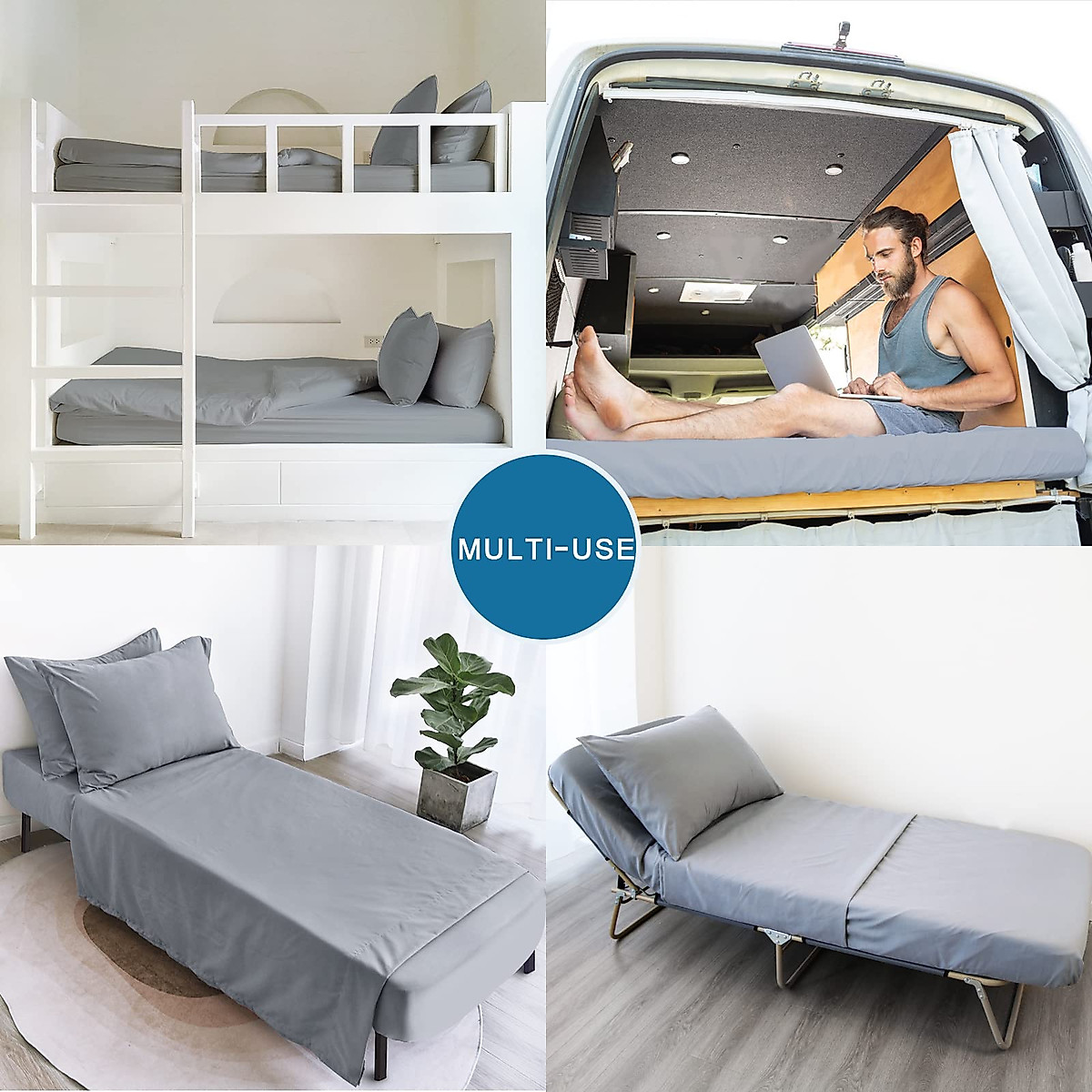 SPRINGSPIRIT Cot Sheets 30" x 75" x 9", 4 Piece Cot Sheet Set, Cot Size Fitted Sheets with Narrow Twin/Camp Bunk/Rvs Bunk/Guest Beds/Trifold Mattress, Grey