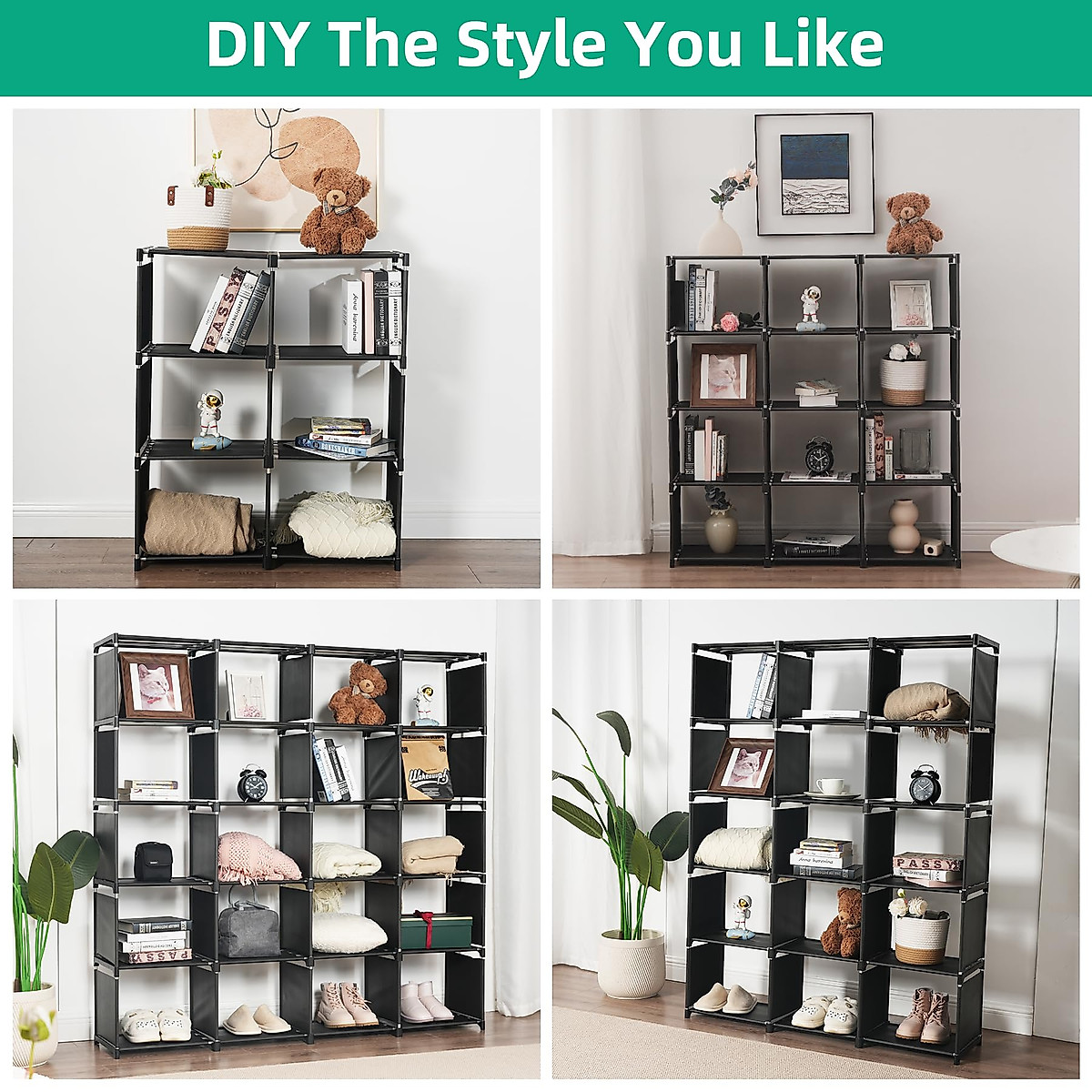 ANTSUN Book Shelf Assembled Storage Rack 6/9/12/15/18/20 Grid DIY Bookcase Vertical Cabinet Bookshelves Large Cube Storage Orangnizer Shelves for Bedroom, Living Room, Home Office (15-Grid Black)