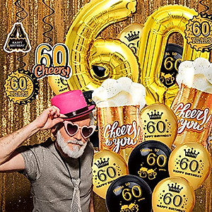 60th birthday decorations for men women - (60pcs) black gold party Banner, 40 Inch Gold Balloons,60th Sign Latex Balloon,Fringe Curtains and cheers to you Foil Balloons,Hanging Swirl,photo props