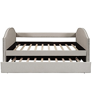 Harper & Bright Designs Full Size Upholstered Daybed with Twin Size Trundle, Upholstered Daybed Sofa Bed Frame for Living Room Bedroom, Beige