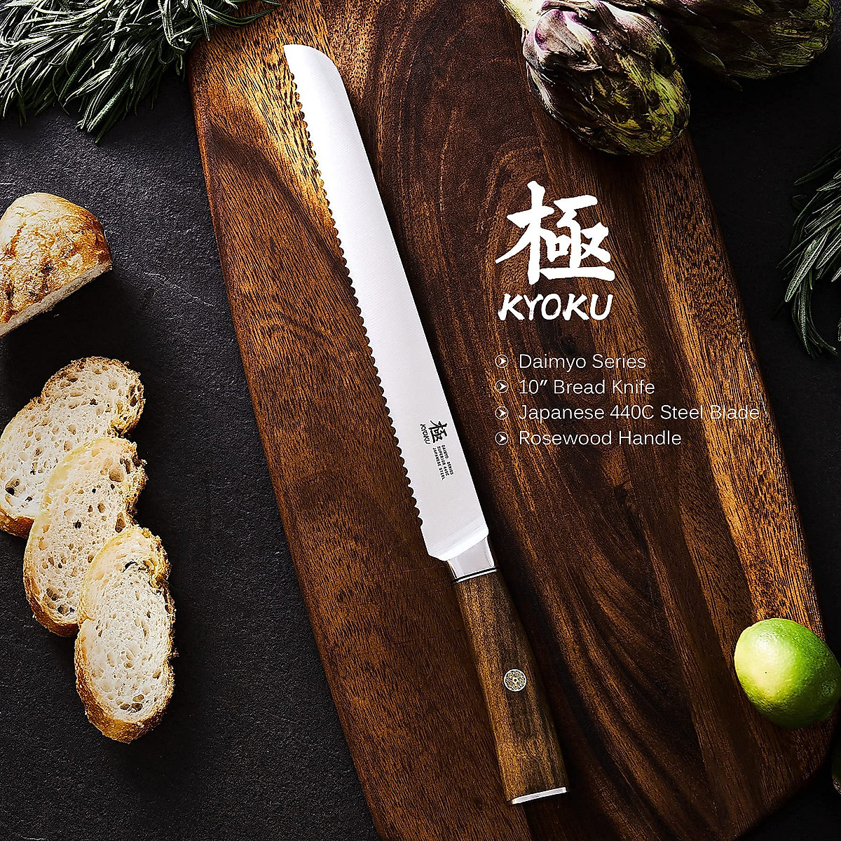 KYOKU Daimyo Series 7" Nakiri Knife + 10'' Bread Knife - Japanese 440C Stainless Steel - Rosewood Handle