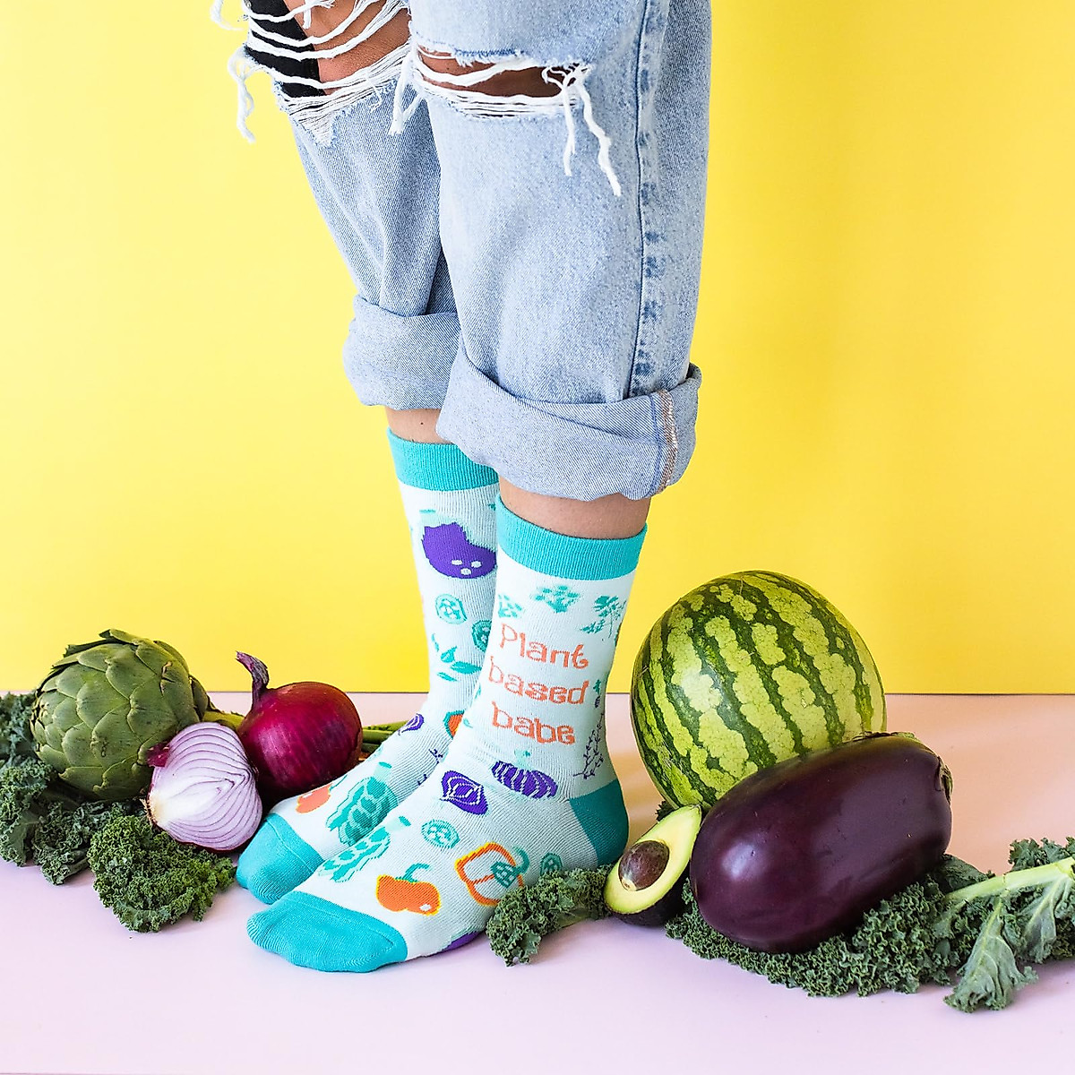 Lavley Funny Novelty Socks for Women - Unisex One Size Fits Most - Gifts for Her, Moms, Grandmas and More (US, Alpha, One Size, Regular, Regular, Plant-based Babe)
