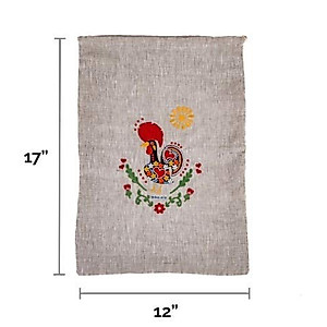 Artisan Linen Bread Bags, Embroidered Set of 2 Large Reusable Bread Bags for Homemade Bread with Drawstring - Gifts for Bakers - Rooster Gifts for Women