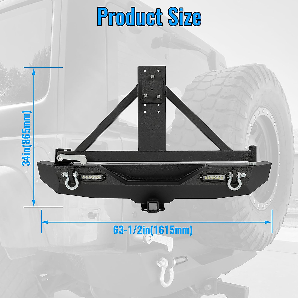 HECASA Rear Bumper Compatible with 2007-2018 Jeep Wrangler JK w/Lockable Tire Carrier w/2" Receiver w/18W High Powered LED Floodlights Steel Textured Black 2 Packages