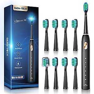 DADA-TECH Electric Toothbrush for Adults and Kids, Sonic Toothbrush Rechargeable with 9 Brush Heads, 5 Modes and 2 Minutes Smart Timer, 4Hours Charge for 60 Days, Roman Column Handle (Black)