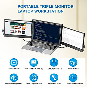 JoyReal Triple Monitor for Laptop, 12'' Laptop Screen Extender for 13''-16'' Laptop, FHD 1080P Portable Monitor with USB-C HDMI for Mac Windows Chromebook Surface Smartphone