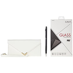 Glow Co, Ltd. 405-1-03 iPhone 12 with Strap, Multi-Functional Storage, Notebook Type Case, White, Tempered Glass & Stylus Pen Included