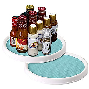 Yesland 2 Pack Non-Skid Pantry Cabinet Lazy Susan Turntable, 12 Inches Round Snack Organizer/Plastic Turntable Spice Organizer for Cabinets, Pantry, Bathroom, Refrigerator - White/Aqua