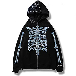 AQQYA Skeleton Zip Up Hooded Sweatshirt for Men Women, Y2K Diamond Glitter Grunge Punk Dark E-Girl Hoodie Silver Skull X-Large