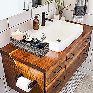 [Larger Compartments] Toilet Tank Topper Paper Basket - Multiuse Hand Woven Plastic Wicker Basket with Divider for Organizing, Rustic Farmhouse Bathroom Decor, Countertop Organizer Storage, Grey