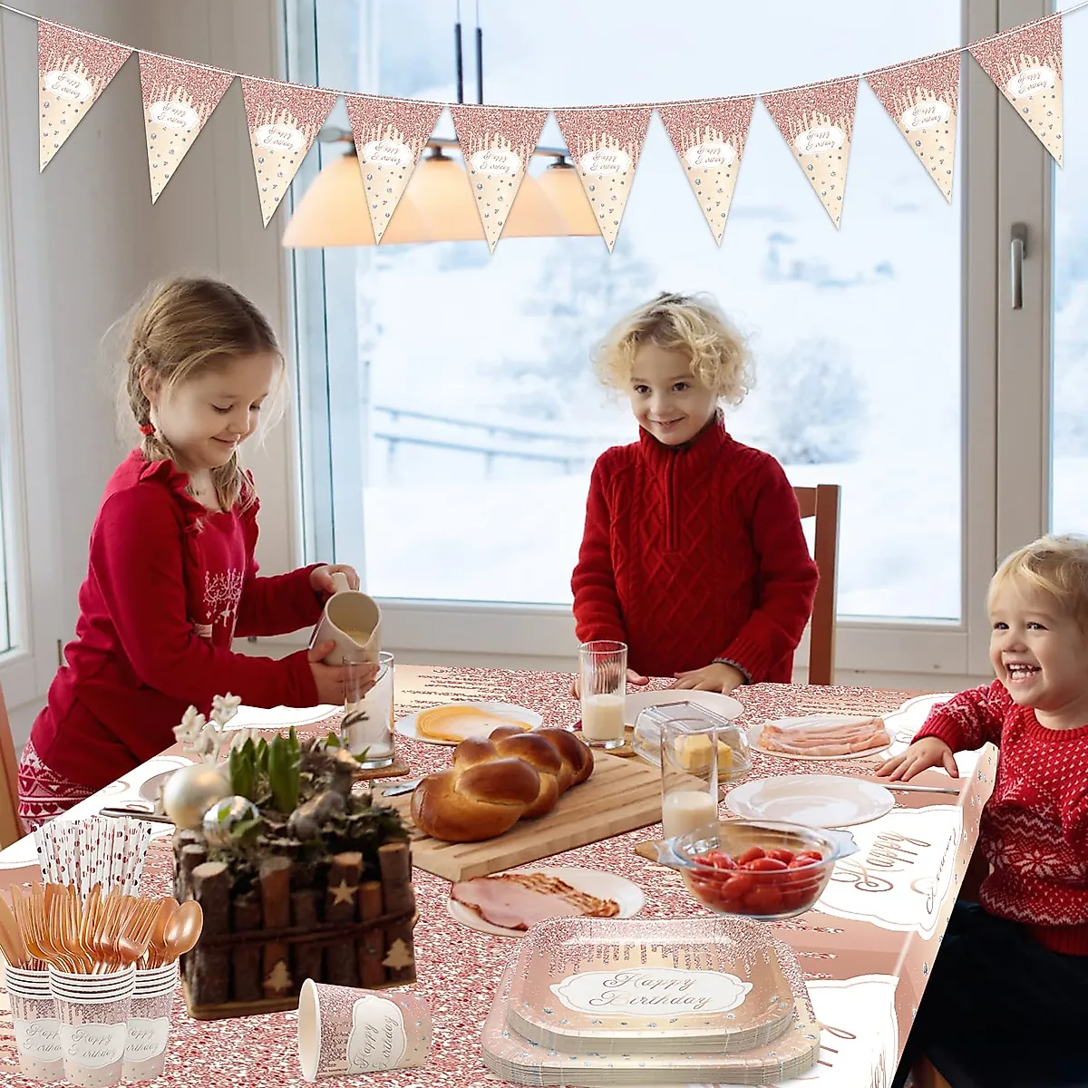Rose Gold Party Supplies, Rose Gold Birthday Party Decorations for Girls, Women, Includes Dinner Plate, Dessert Plates,Tableware, Rose Gold Tablecloth, Cups, Table Napkins, Flag, Serves 20 Guests