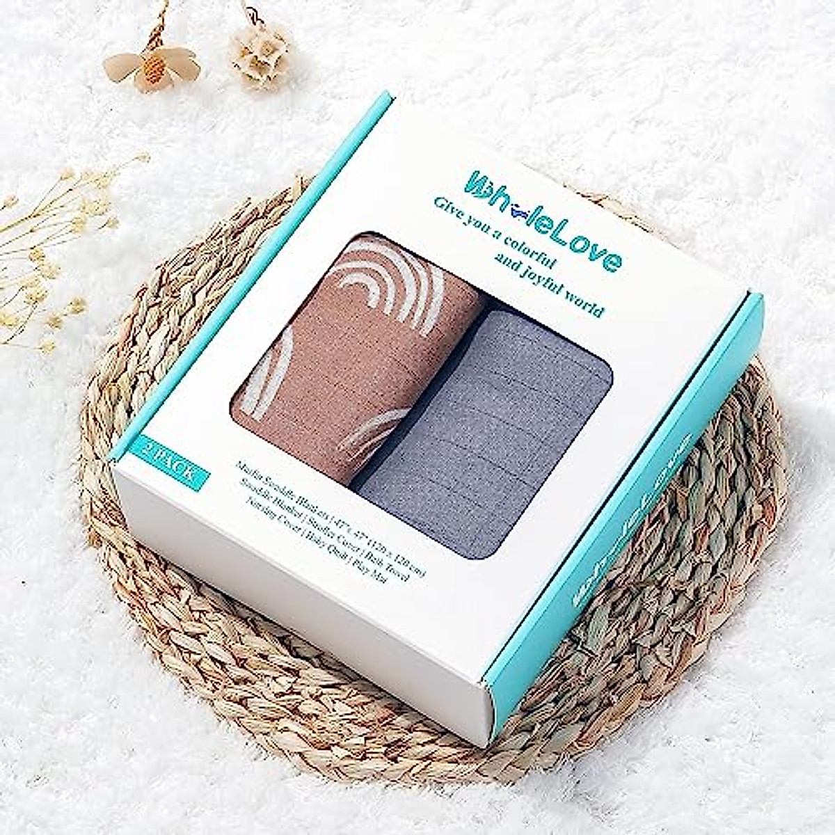 BabyWhale Muslin Swaddle Blanket, Boho Brown Rainbow Pattern Swaddle and Solid Color Swaddle for Newborn Baby Boys ＆ Girls, Unisex Silky Soft Breathable Receiving Swaddle Wrap, 47x47 inches, 2 Pack