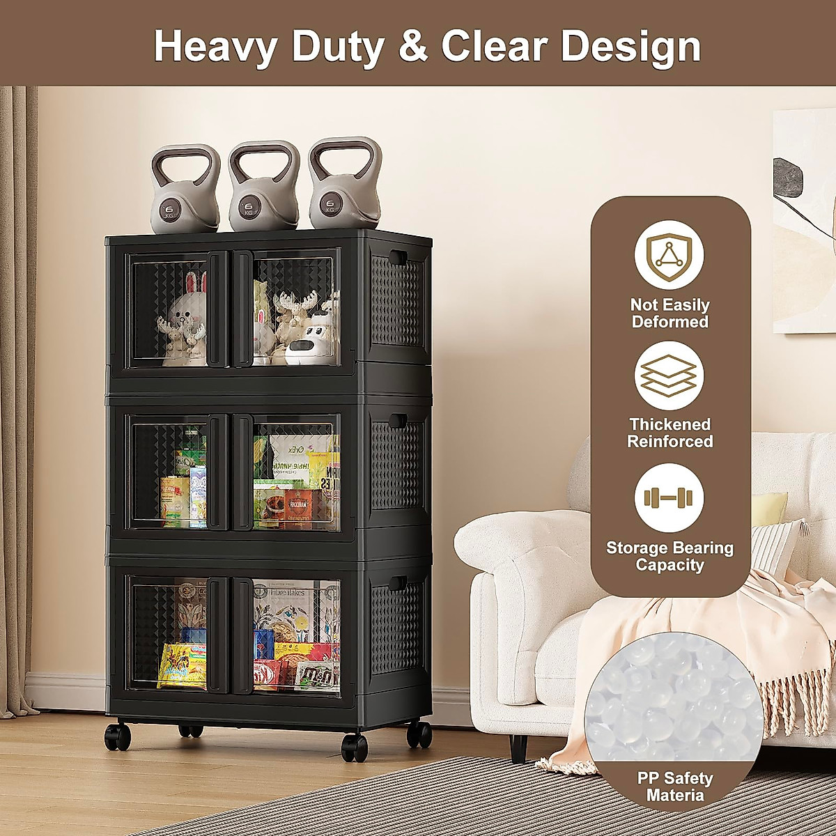 QAVABIN 80 QT Plastic Storage Bins with Lids, Large Collapsible Stackable Storage Bins with Wheels, Closet Organizers and Storage, Folding Storage Boxes with Doors Drawers for Home Garage, Black