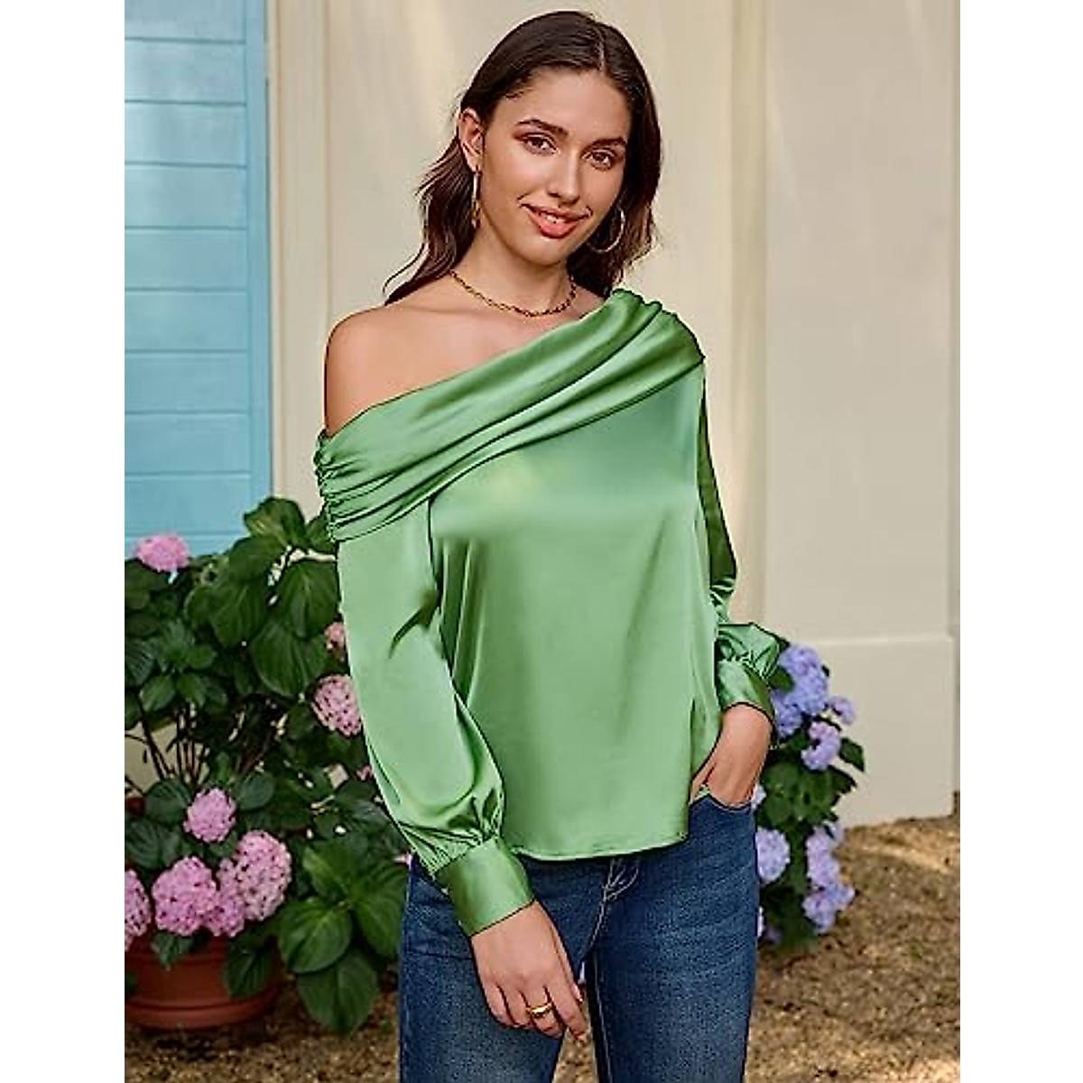 Womens Tops Dressy Casual Sexy Cute Satin Tops Peplum Light Green S