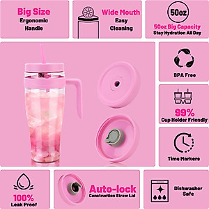 Hydraful 50 oz Tritan Plastic Tumbler with Lid and Straw and Handle - 100% Leak-Proof - Perfect for Iced Coffee, Smoothies, and Juice - Wide Mouth Reusable Water Bottle with Time Marker