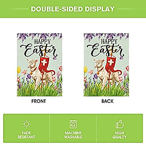 AVOIN colorlife Happy Easter Lamb of God Garden Flag 12x18 Inch Double Sided Outside, Hunt Meadow with Cross Floral Pascha Yard Outdoor Decoration
