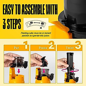 Ventray Essential Ginnie Juicer Compact Small Cold Press Juicer Masticating Slow Juicer with 60RPM Low Speed, Easy to Clean & Nutrient Dense, Eco-Friendly Packaging, Sunny Yellow