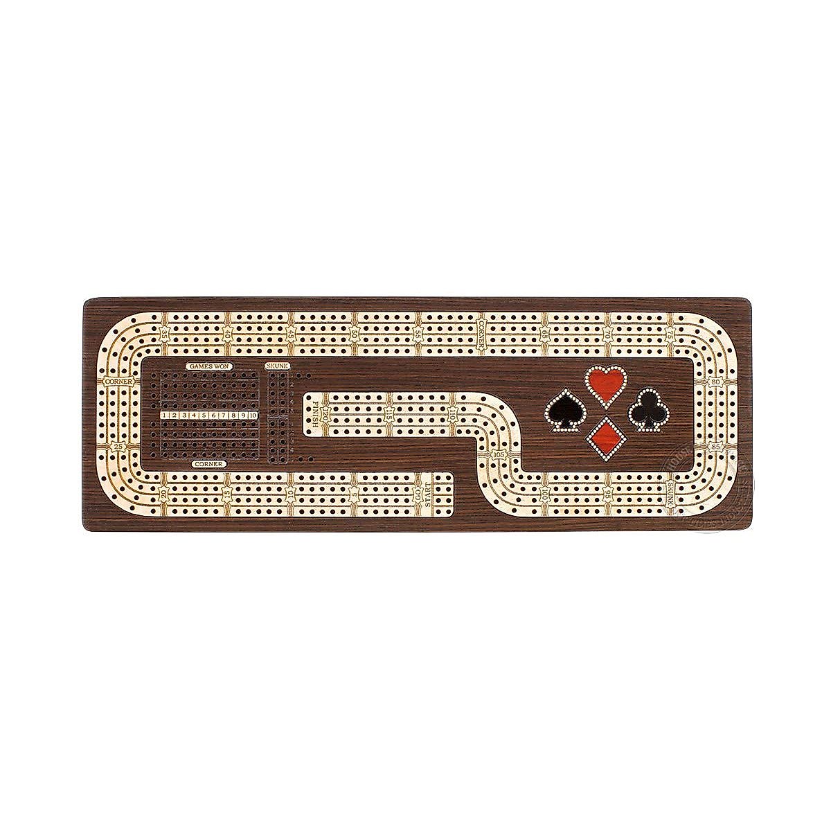 House of Cribbage - Continuous Cribbage Board/Box Inlaid in Wenge Wood/Maple : 4 Track - Cards & Pegs Storage Drawer with Score Marking Fields for Skunks, Corners and Won Games