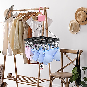 BEIJITA Liftable Sock Drying Rack, Stainless Steel Clothes Drying Hanger with 30 Clips, Socks Hanger Dryer with Swivel Wind-Proof Hook, Laundry Hanger for Socks, Towels, Bras, Lingerie, Baby Clothes