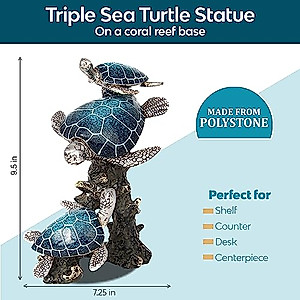 Corner Merchant Sea Turtle Statue Triple Turtles Swimming on a Coral Reef Base Ocean Decor Tabletop Collection Beach Decorations for Home