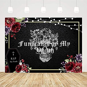 Sendy SENDY 7x5ft Funeral for My Youth Backdrop RIP to My 20s Birthday Photography Background Burgundy Red Flower Skull Tombstone Party Decoration Banner Photo Booth Props