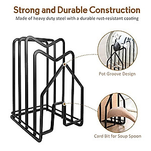Yummy Sam Pot Pan Lid Organizer Cutting Chopping Boards Rack Pantry Cabinet Stainless Steel Kitchen Counter Cookware Storage Stand Countertop Spoon Dish Rest Holder (Black)