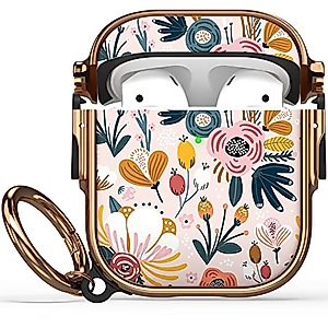 Maxjoy for Airpods Case Cover with Lock, Flower Airpod Case Lock Hard Protective Cute iPod Case for Women Men with Keychain Clip for AirPod 2nd 1st Generation Charging Case 2&1, Floral