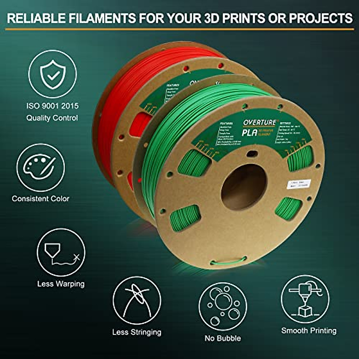 OVERTURE PLA Filament 1.75mm PLA 3D Printer Filament, 2kg Cardboard Spool (4.4lbs), Dimensional Accuracy +/- 0.03mm, Fit Most FDM Printer (Green + Red)