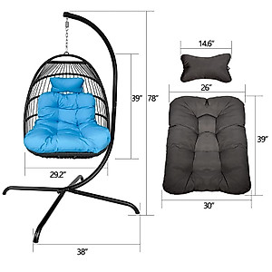 WYKDD Outdoor Indoor Rattan Swing Egg Chair, Folding Hanging Chair with C-Bracket, with Cushion and Pillow