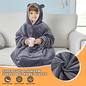 L'AGRATY Kids Wearable Blanket Hoodie Flannel Sherpa Oversized Sweatshirt Hooded Blanket Throw with Sleeves and Big Pocket Cozy Fluffy Warm Soft Giant Winter Sweater Blanket Hoodie for Boys Girls