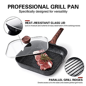 Kordisen Nonstick Grilling Pan with Lid for Stove Tops, 11 Inch Square Grill Pan for Indoor Cooking, Granite Coating Grill Skillet with Pour Spouts, Versatile Griddle, Induction Steak Pan, PFOA Free