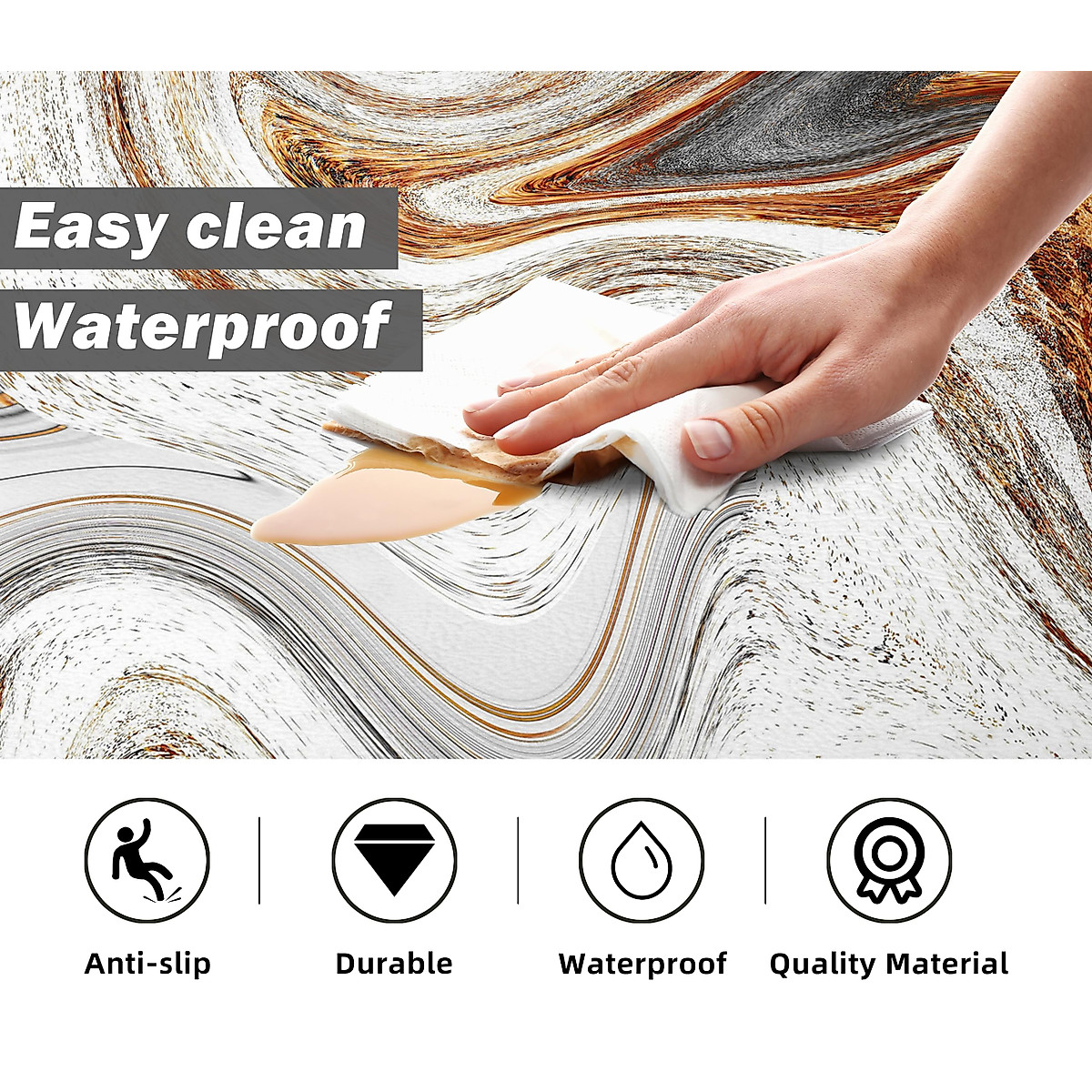 Kitchen Mats for Floor Anti Fatigue Floor Marble Cushioned Memory Foam Non Slip PVC Leather Padded Comfort Standing Rugs Set of 2, Abstract Golden Swirl Design, C1