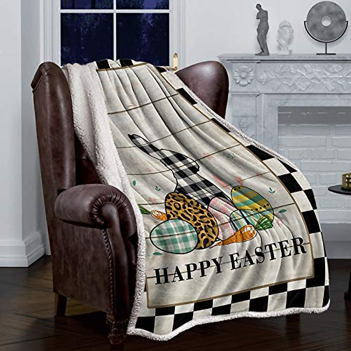 Easter Buffalo Bunny Throw Blanket for Couch,Leopard Egg Fuzzy Fluffy Super Soft Furry Plush,Black Check Farm Plank Comfy Thick Sherpa Throws and Blankets for Sofa Bed Decor
