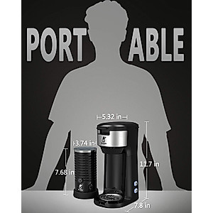 KINGTOO Coffee Maker with Milk Frother, Single Serve Coffee Maker for K-Cup Pod & Ground Coffee, Compact Coffee Maker 2 in 1 with Self Cleaning, Fast Brewing (Black