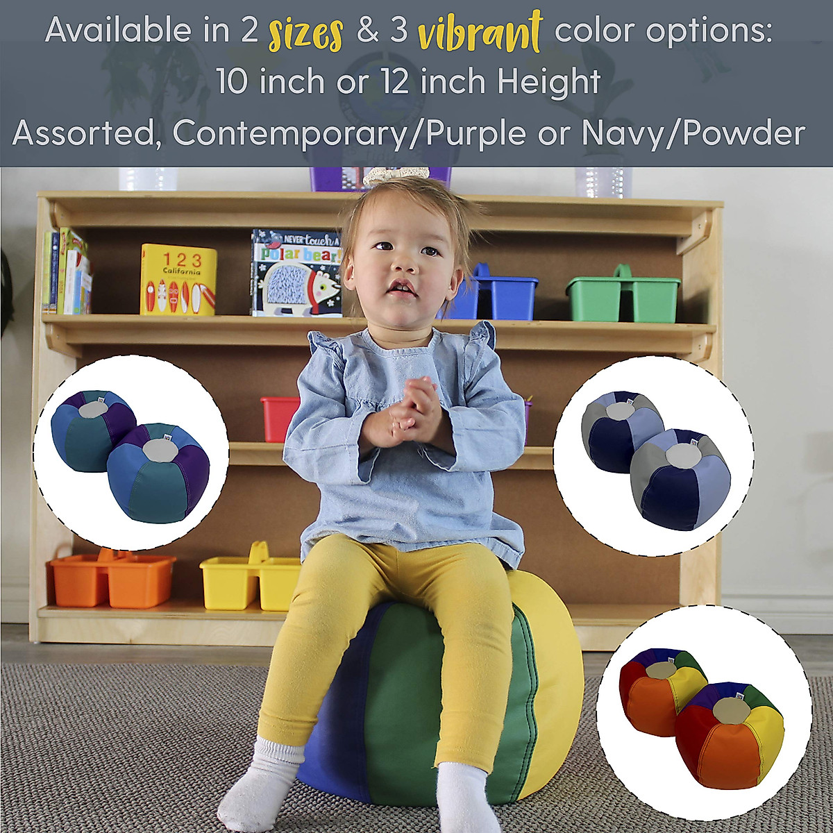 Factory Direct Partners 12267-AS SoftScape 10" Bean Puffs Seating Set for Toddlers and Kids, Colorful, Flexible and Lightweight for Daycare, Preschool, Home (2-Pack) - Assorted