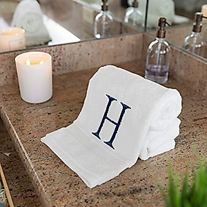 Monogrammed Hand Towels for Bathroom - Luxury Hotel Quality Personalized Initial Decorative Embroidered Bath Towel for Powder Room, Spa - GOTS Organic Certified - Set of 2 Navy Letter H