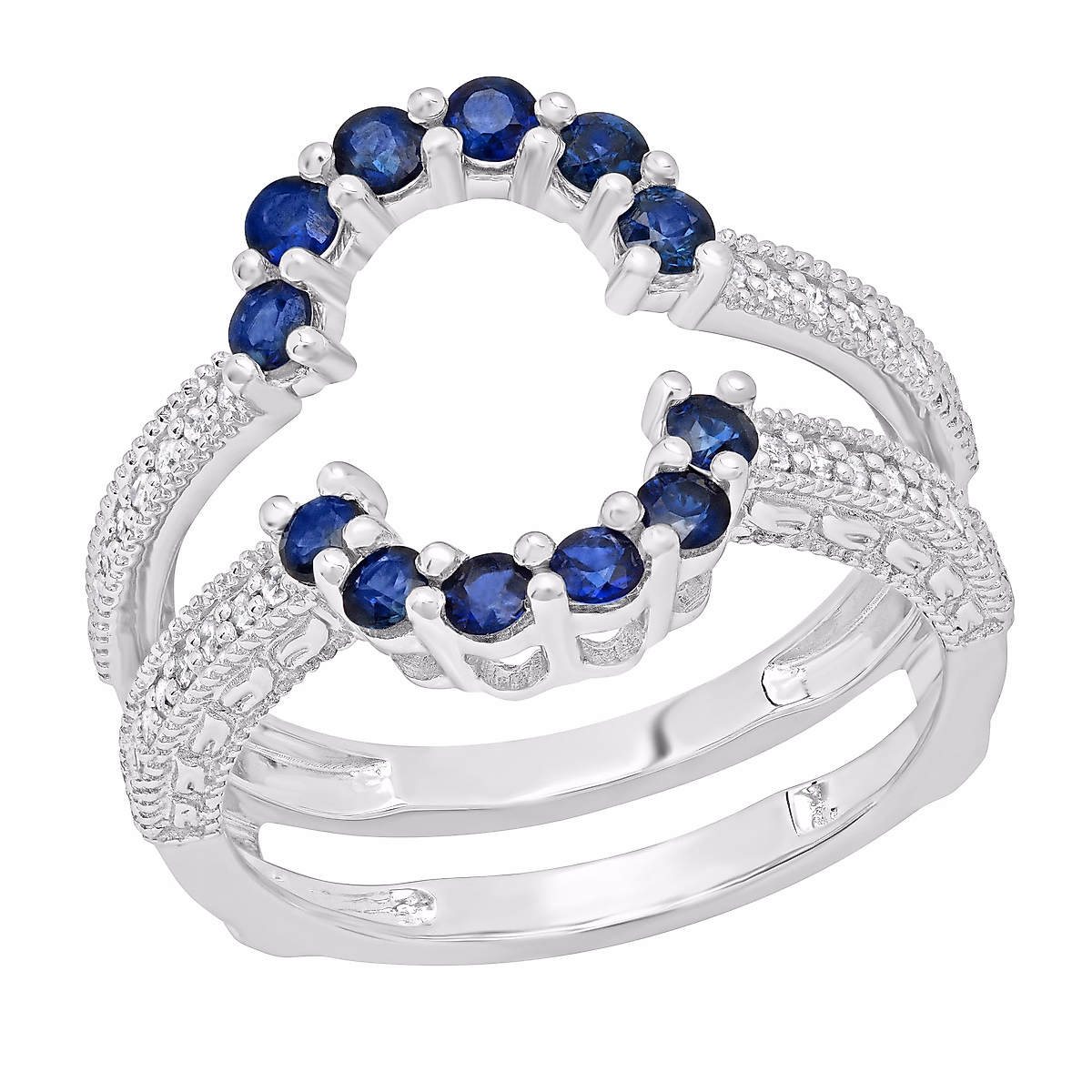 Dazzlingrock Collection Round Blue Sapphire & White Diamond Ladies Enhancer Curved Double Guard Matching Wedding Band | 925 Sterling Silver, Size 8