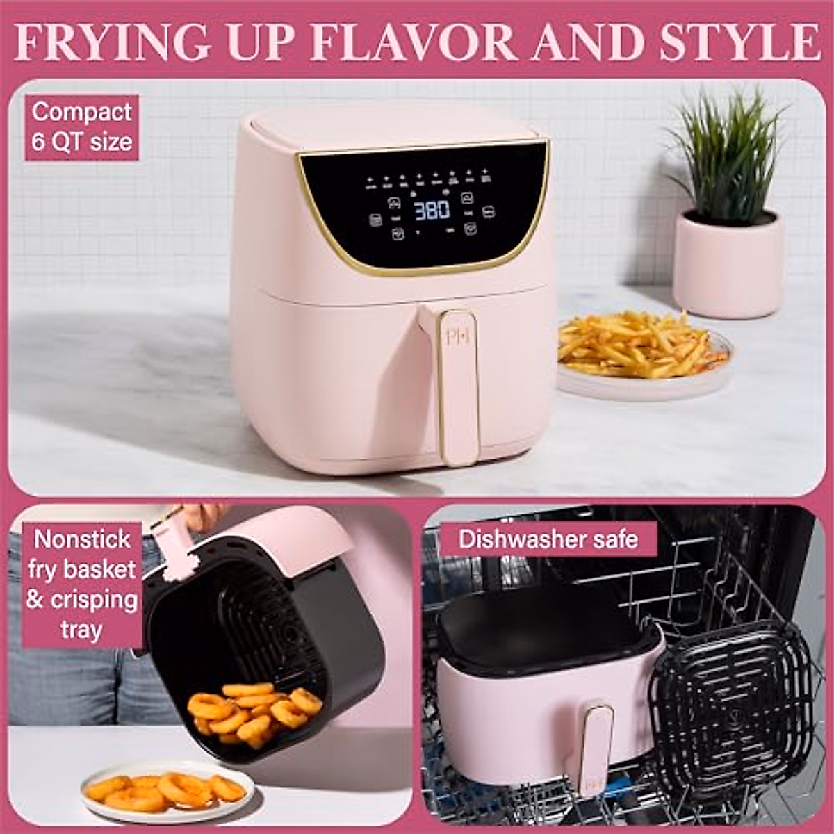 Paris Hilton Air Fryer, Large 6-Quart Capacity, Touchscreen Display, 8-in-1 (Air Fry, Roast, Broil, Bake, Reheat, Keep Warm, Pizza, Dehydrate), Dishwasher Safe and Nonstick Basket and Crisper, Pink
